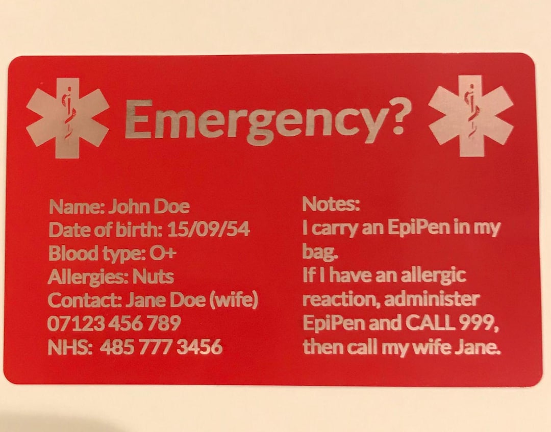 Medical Emergency ID Alert Wallet Card, Personalised - Etsy