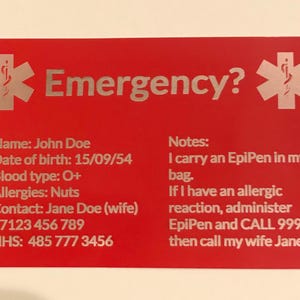 Medical Emergency ID Alert Wallet Card, Personalised - Etsy