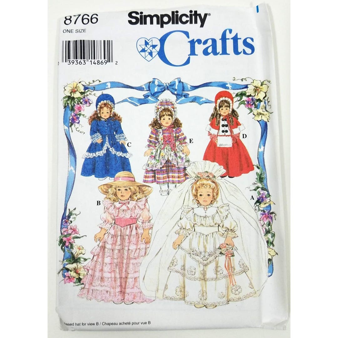 Simplicity Sewing Patterns 8766 Ruffled Wedding Dress for 18" Doll 1993 ...