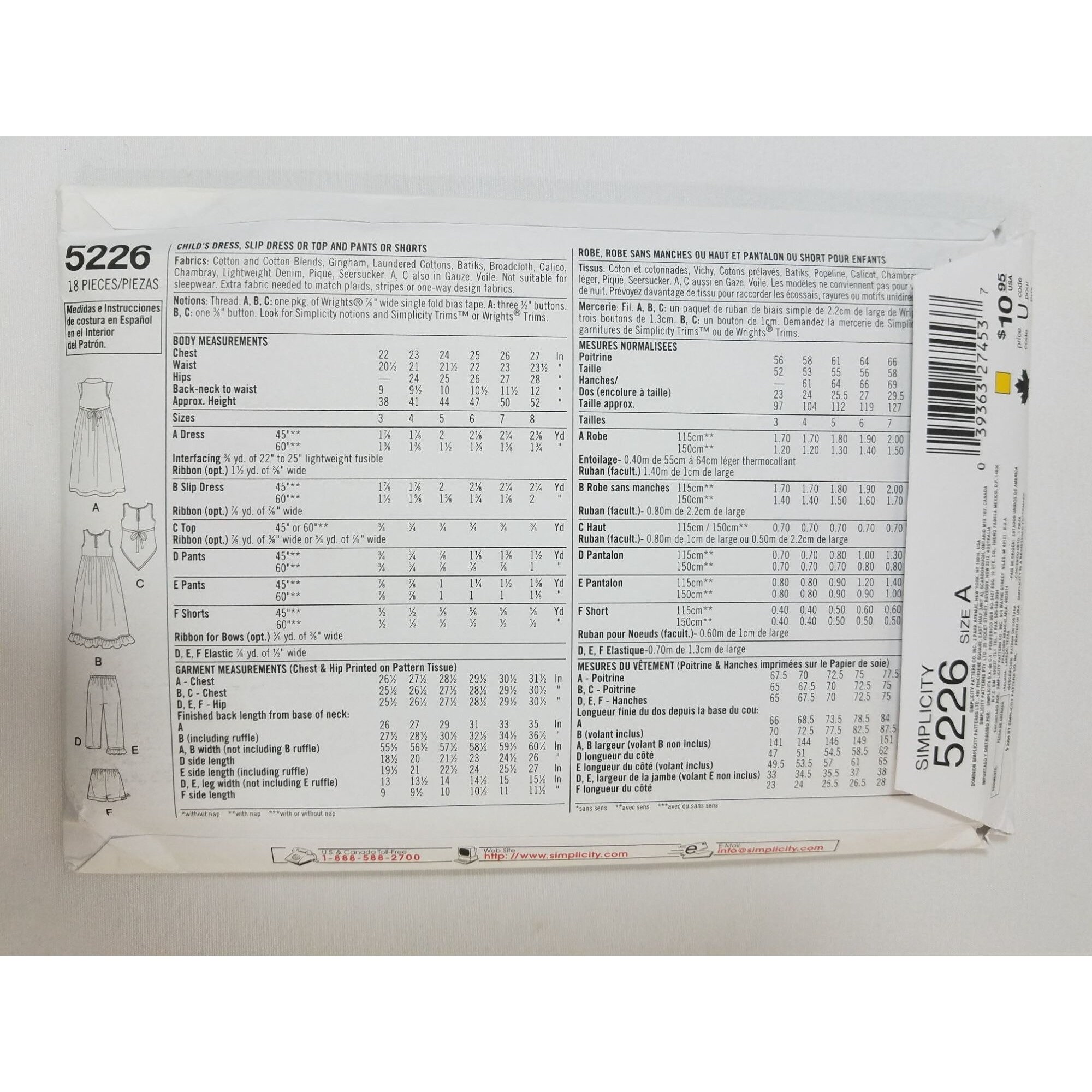 Simplicity Sewing Pattern 5226 Girls Dress Slip Top Shorts Pants Size 3 ...