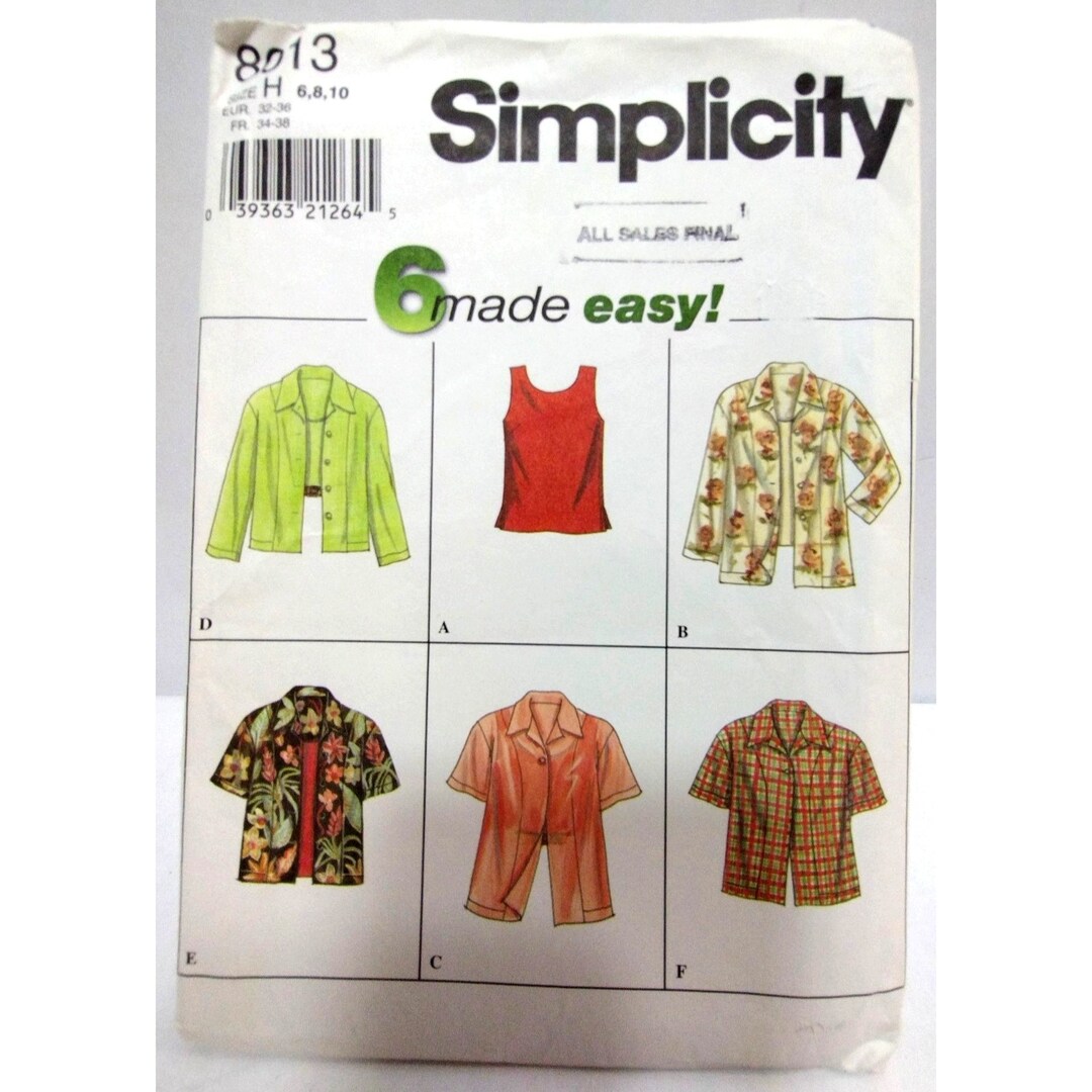 Simplicity Sewing Pattern 8013 Womens Shirt Tank Jacket Size 6,8,10 ...