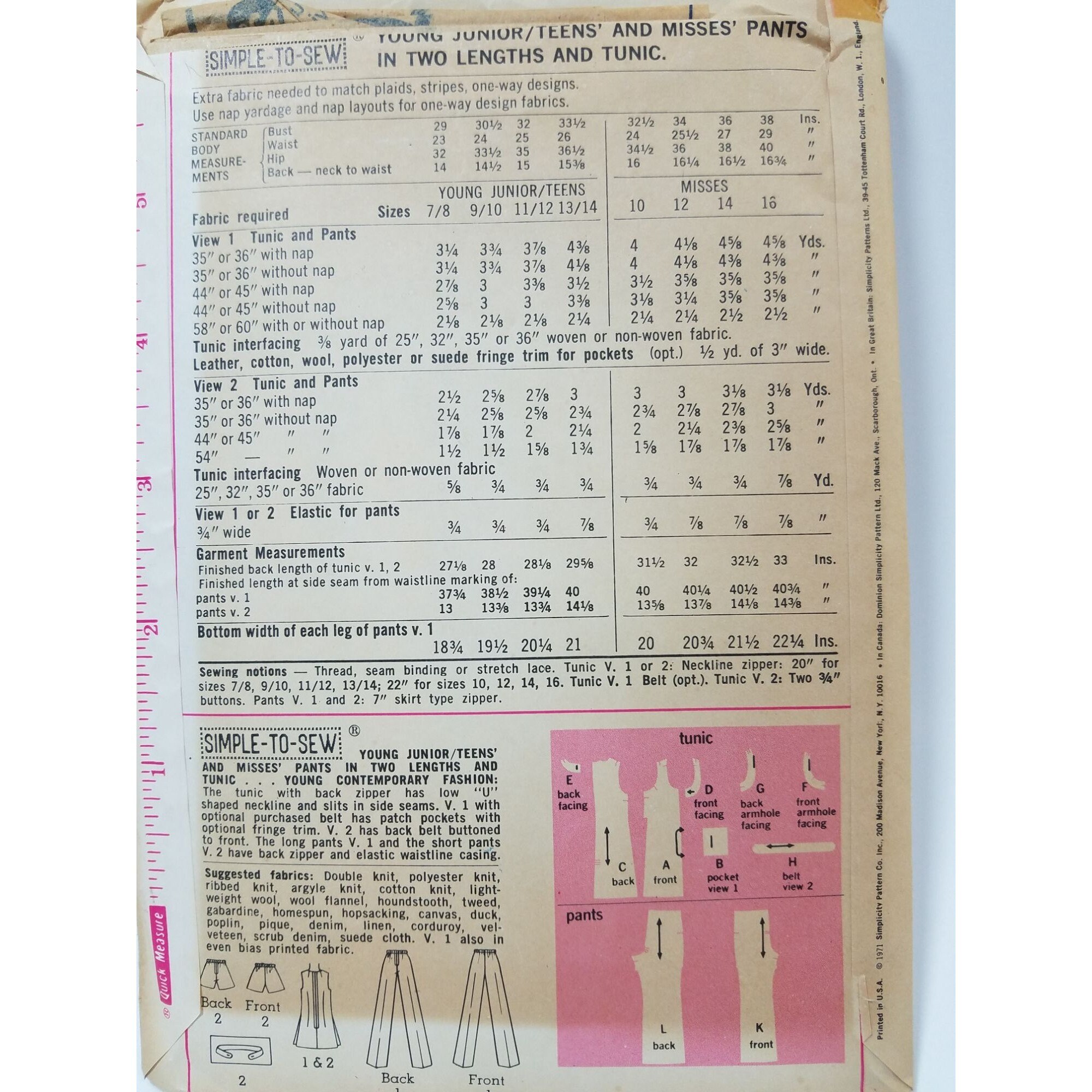 Simplicity Sewing Pattern 9567 Womens Teen Juniors Tunic Top Pants ...