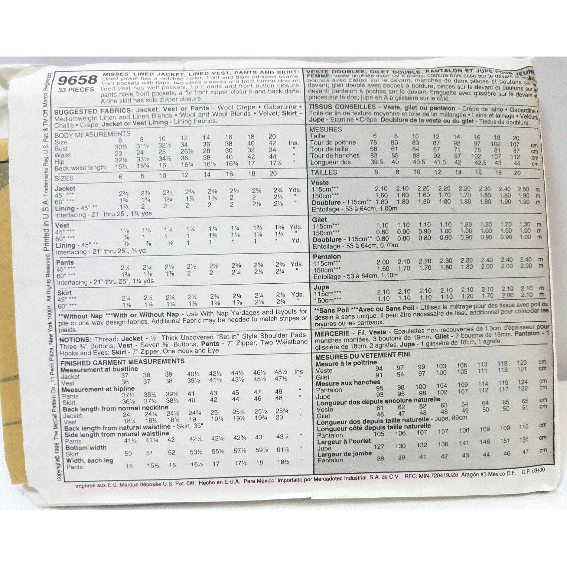 Mccalls 9658 Sewing Pattern: Womens Jacket, Vest, Pants, Skirt - Size 8 ...