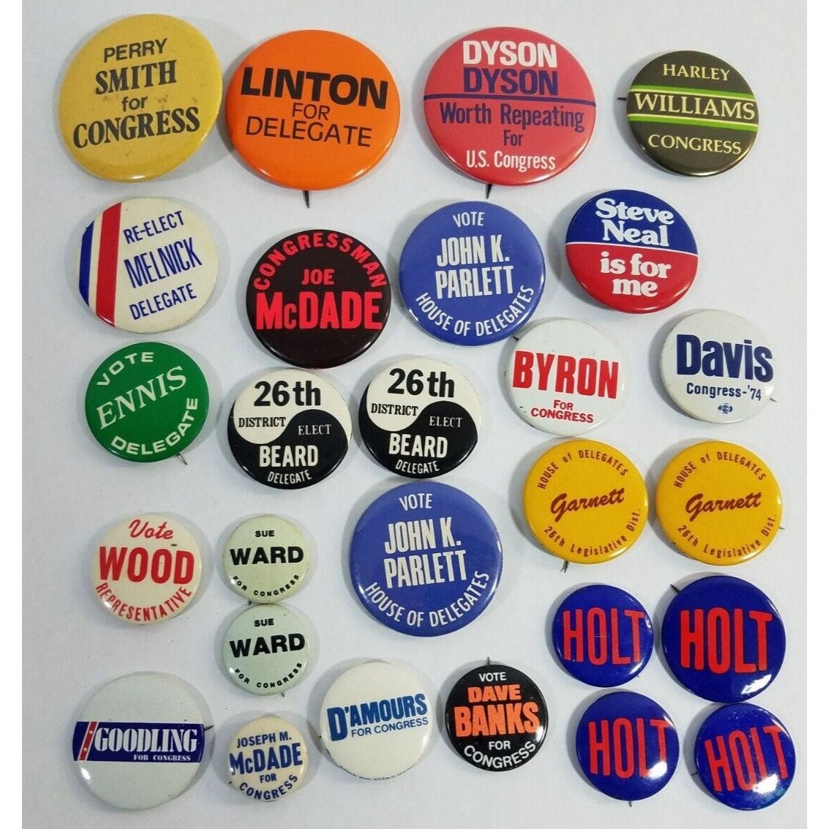 Lot of 27 Congressional Campaign Pinback Pin Buttons Holt Mcdade Dyson ...
