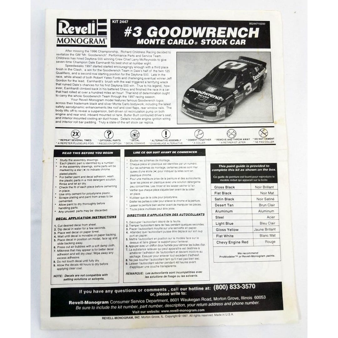 Revell Kit Instruction Sheet for Car Kit 2447 #3 Monte Carlo Stock Car ...
