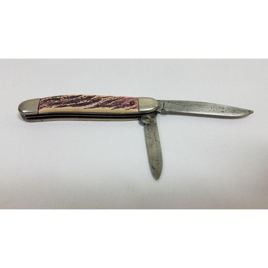 Vintage Colonial Prov USA Pocket Knife 2 Blades Plastic Wood Grain ...