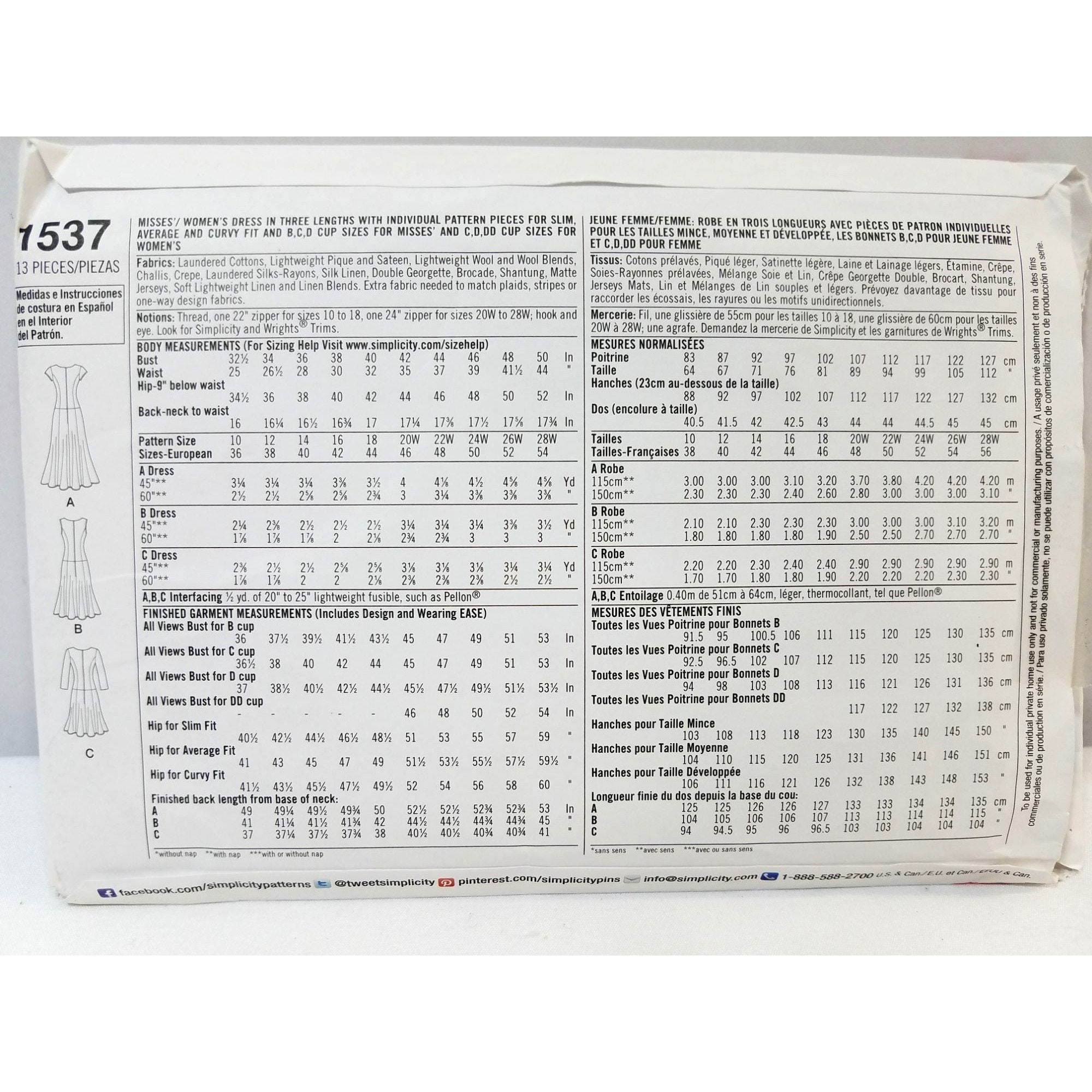 Simplicity Sewing Pattern 1537 Womens Dress Size 10-18 Uncut Factory ...