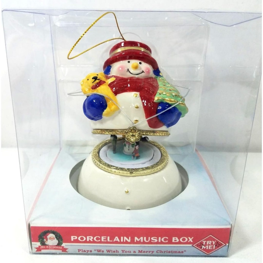 Mr Christmas Porcelain Music Box Snowman Plays We Wish You Merry ...