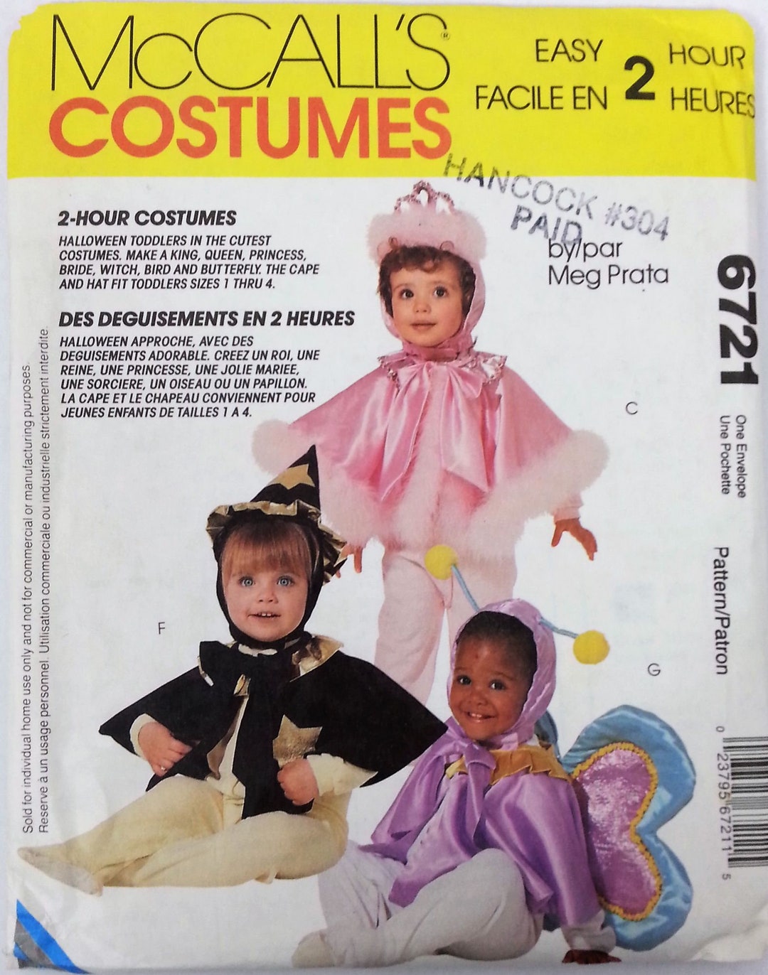 Mccall's Costumes Sewing Pattern 6721 Toddler Costumes 2-hour Cape 1993 ...