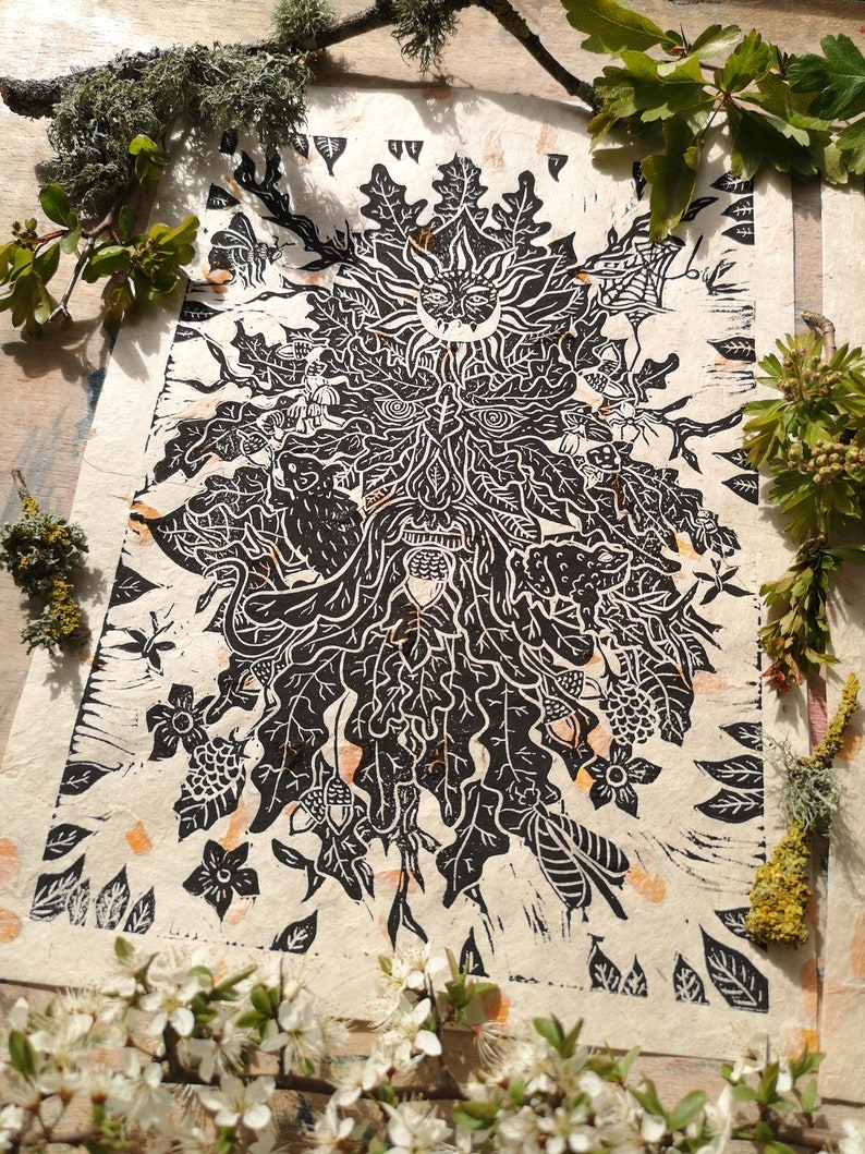 The Green Man Handcut Linoprint - Etsy