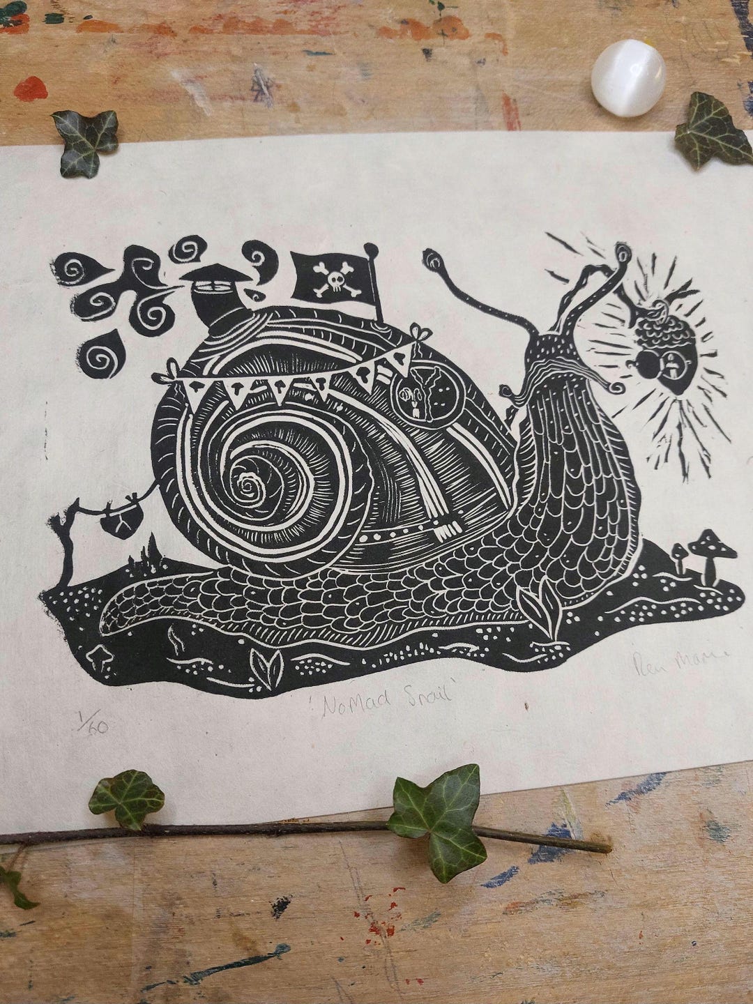 Nomad Snail - Original Lino Print Featuring a Boho Snail With No Fixed ...