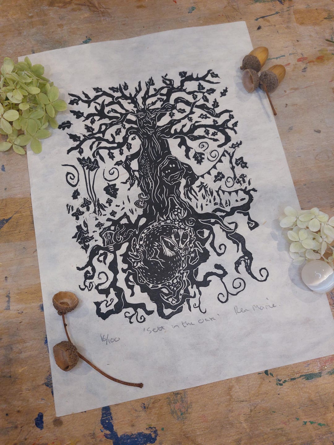 Badger Sett Lino Print: Fairy Festival Under Oak Tree - Etsy