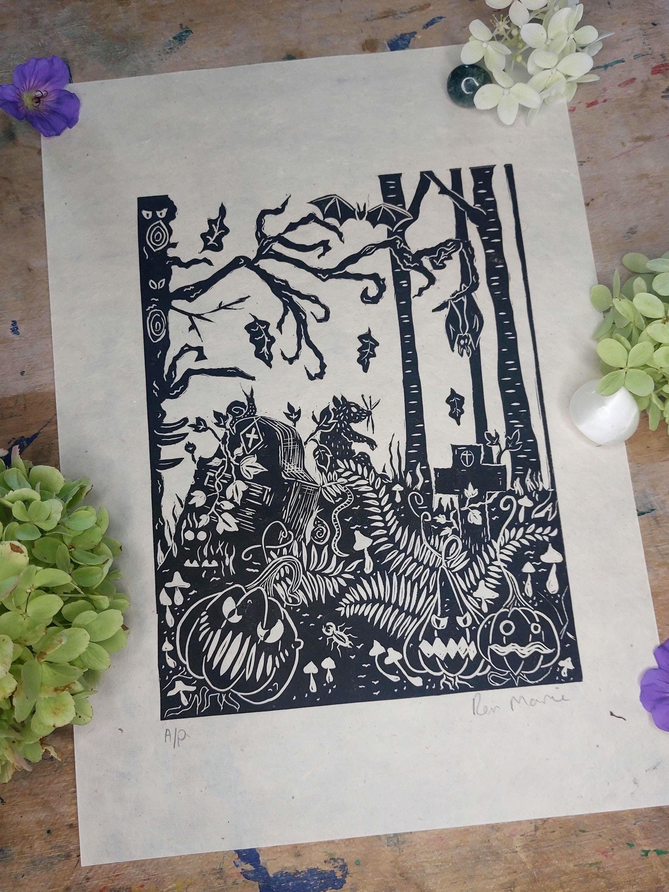 Spooky Pumpkin Patch Lino Print: Halloween Art, Bats & Gravestones - Etsy