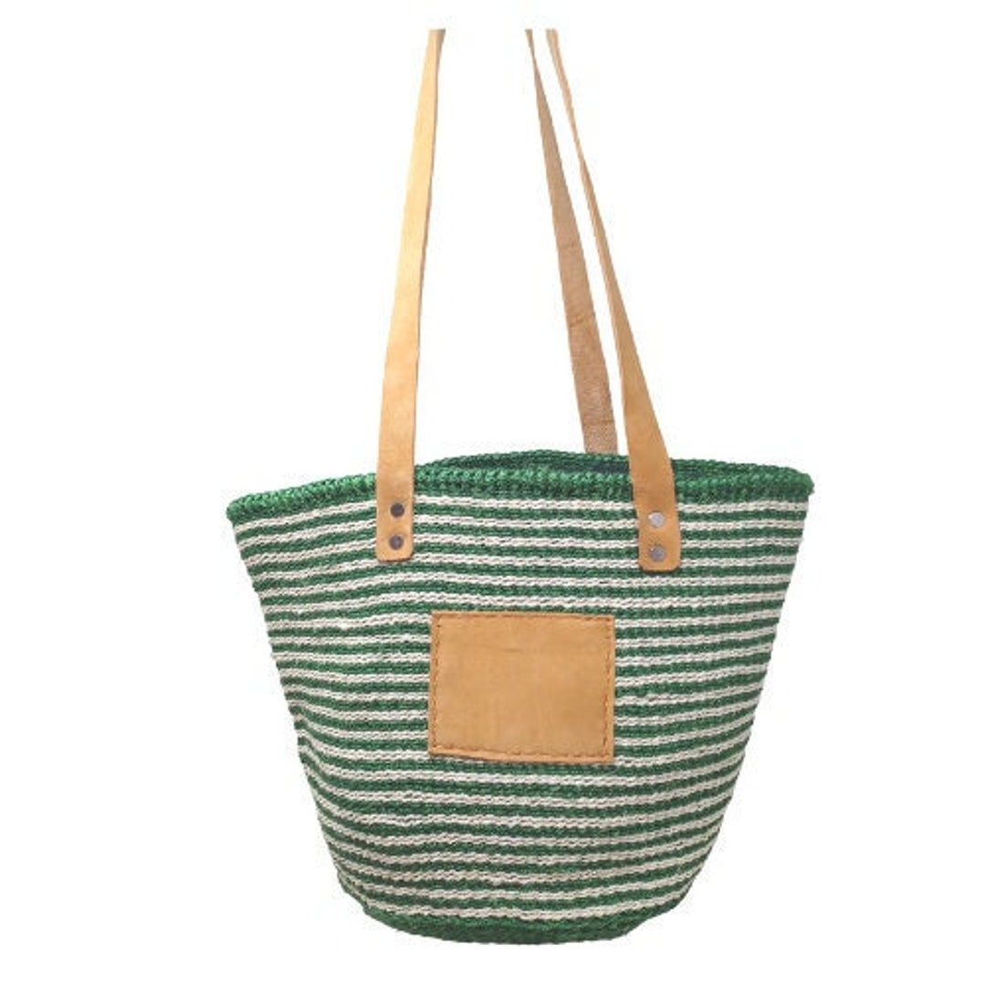 Green Woven Basket Bag With Leather Handles, Colorful Woven Basket Bag ...