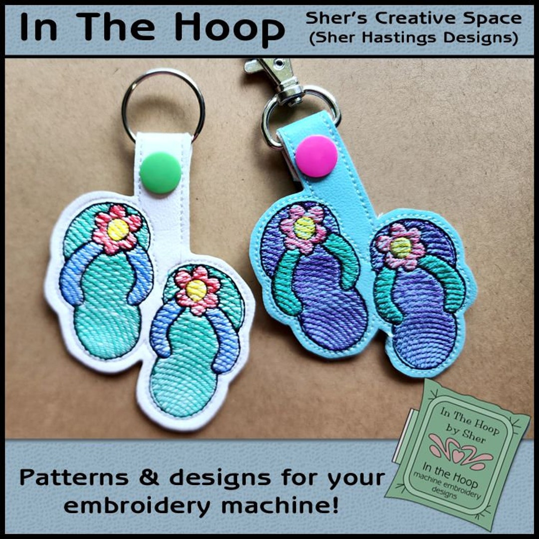 ITH Flip Flops Key Fob, Flip Flops Bag Tag, Flower Embroidery, Summer ...