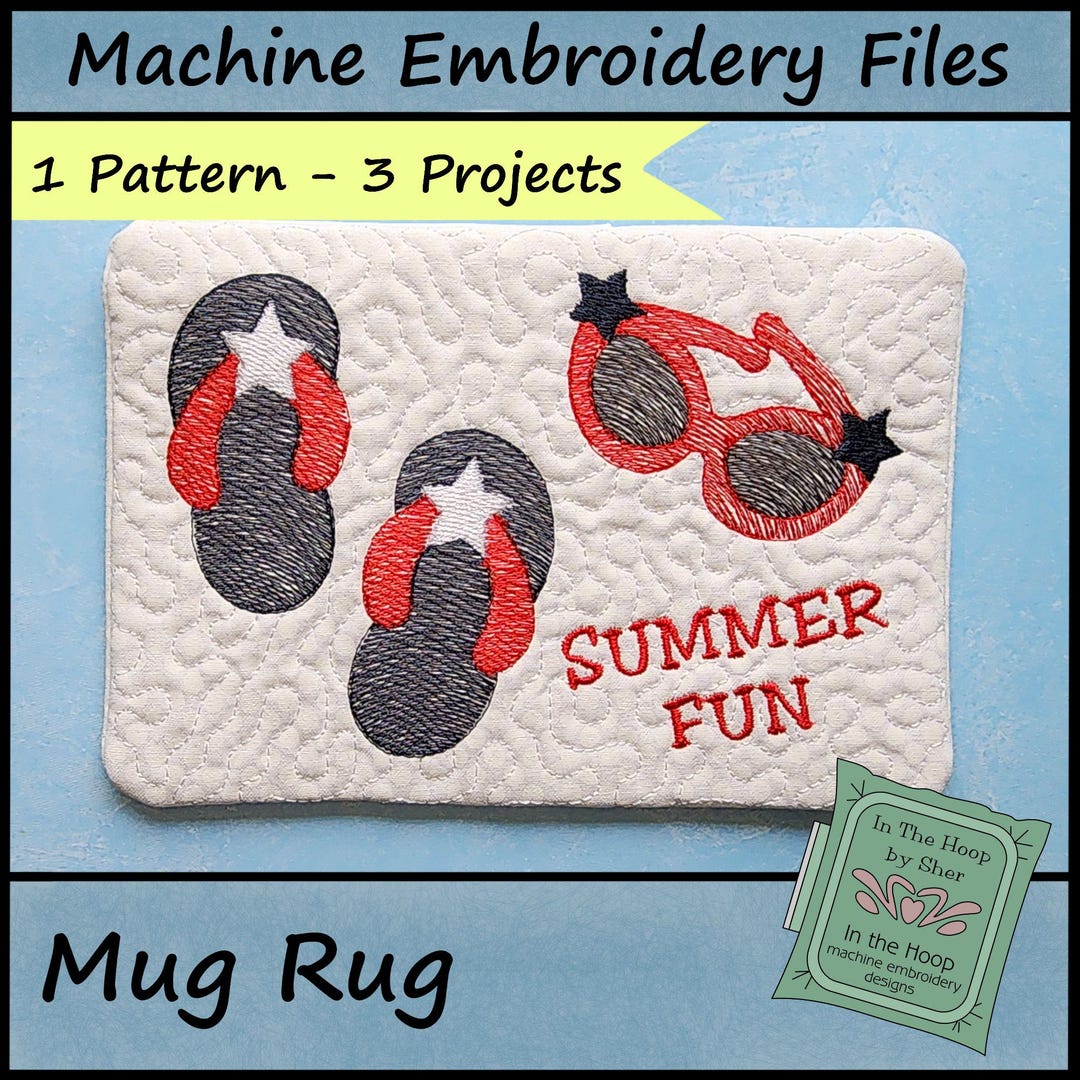 ITH Flip Flops & Sunglasses Mug Rug, Patriotic Embroidery, in the Hoop ...