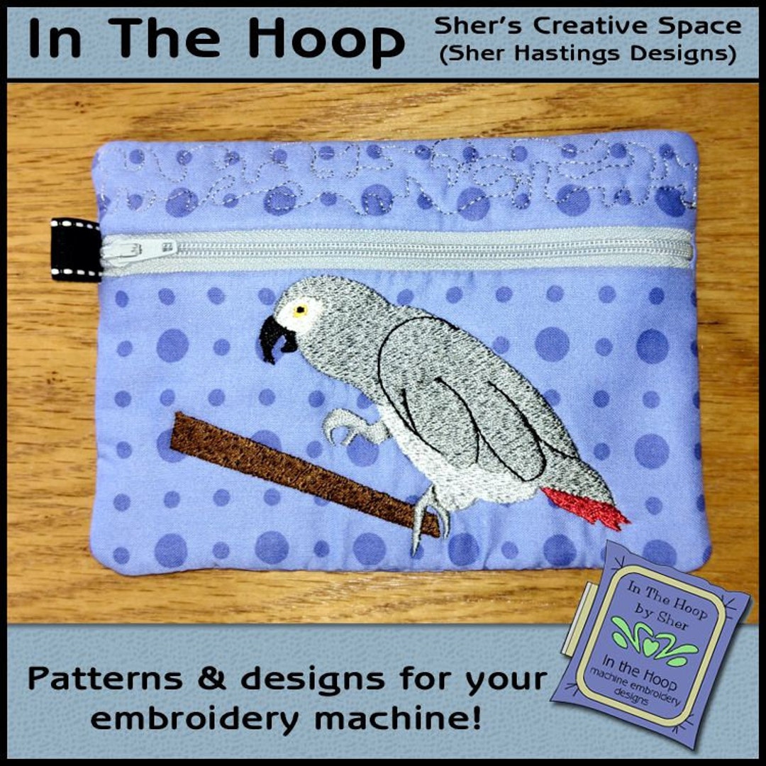 ITH African Grey Parrot Zipper Bag - in the Hoop Zipper Bag - Bird ...