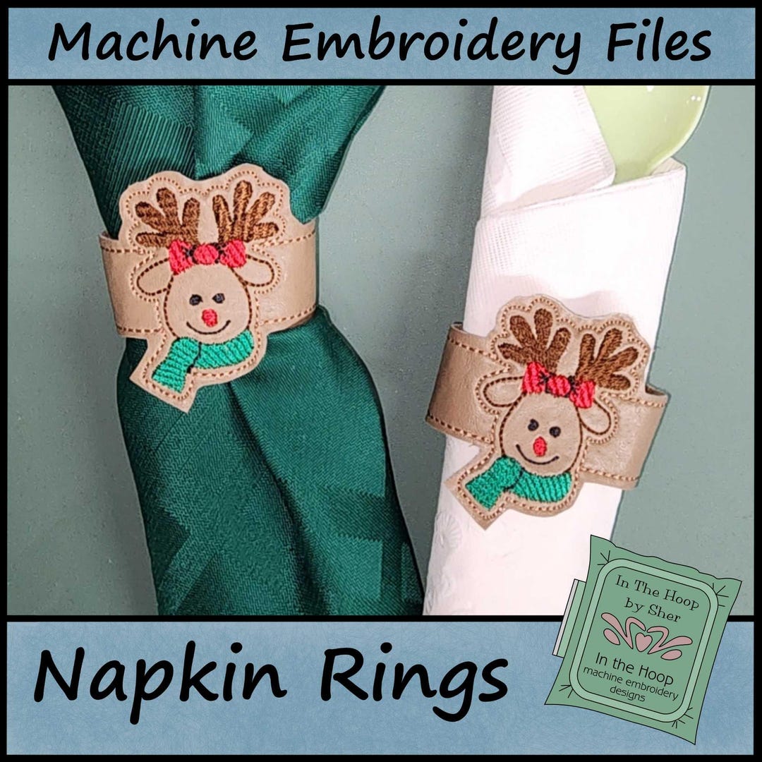 ITH Reindeer Napkin Ring, Reindeer Embroidery Napkin Rings, Christmas ...