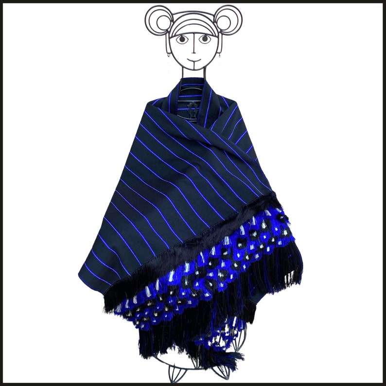 Purepecha Silk Fringe Rebozo From Michoacán Blue-white Black - Etsy