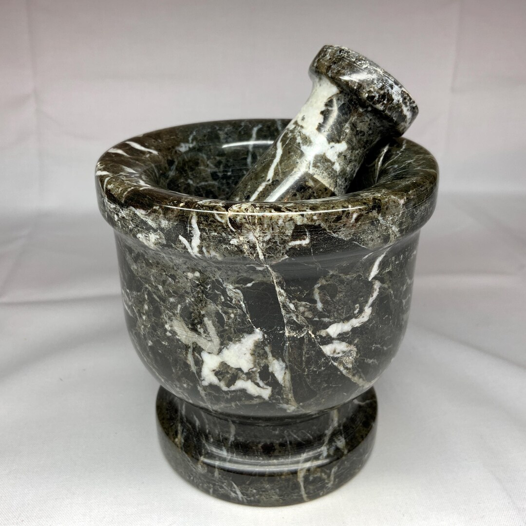 Large Mortar & Pestle: Natural Dark Green Black and White Zebra Jasper ...