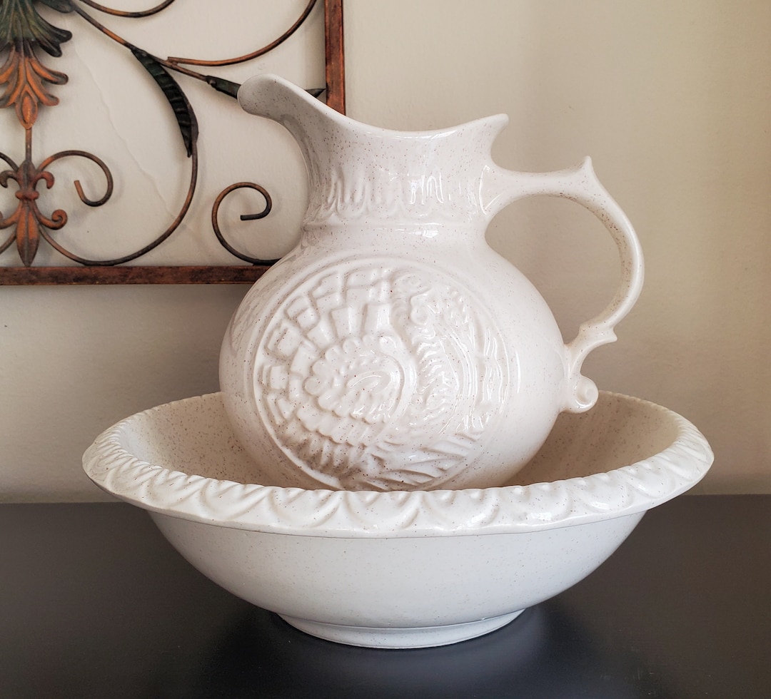 Vintage USA Mccoy Pottery Pitcher and Bowl With Turkey Design - Etsy