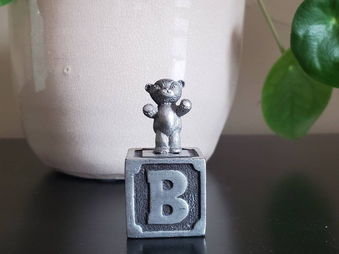Vintage Pewter Teddy Bear on Alphabet Block, Miniature Figurine - Etsy