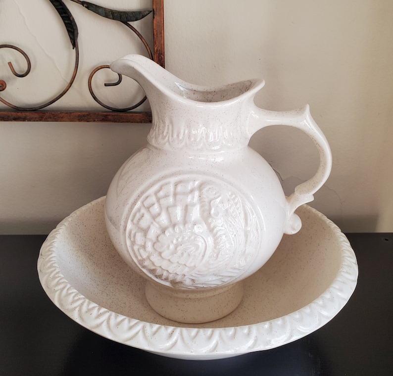 Vintage USA Mccoy Pottery Pitcher and Bowl With Turkey Design - Etsy
