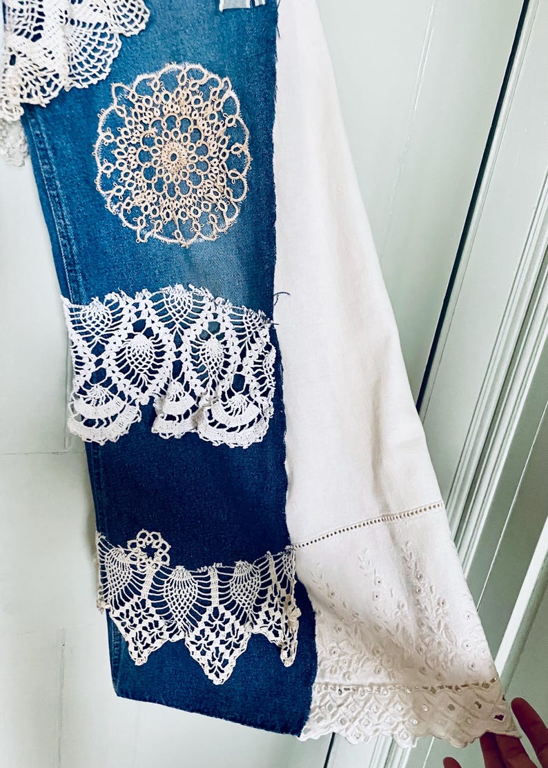 Upcycled Denim Jeans With Lace - Etsy