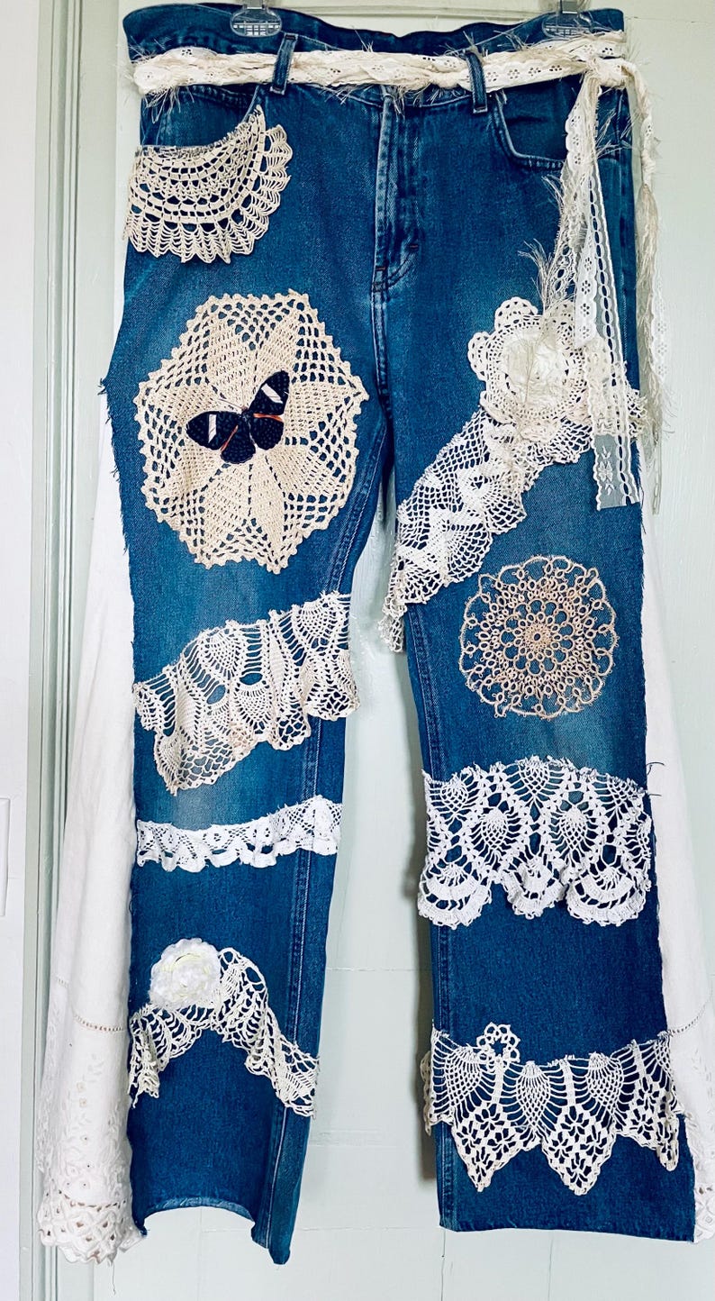 Upcycled Denim Jeans With Lace - Etsy