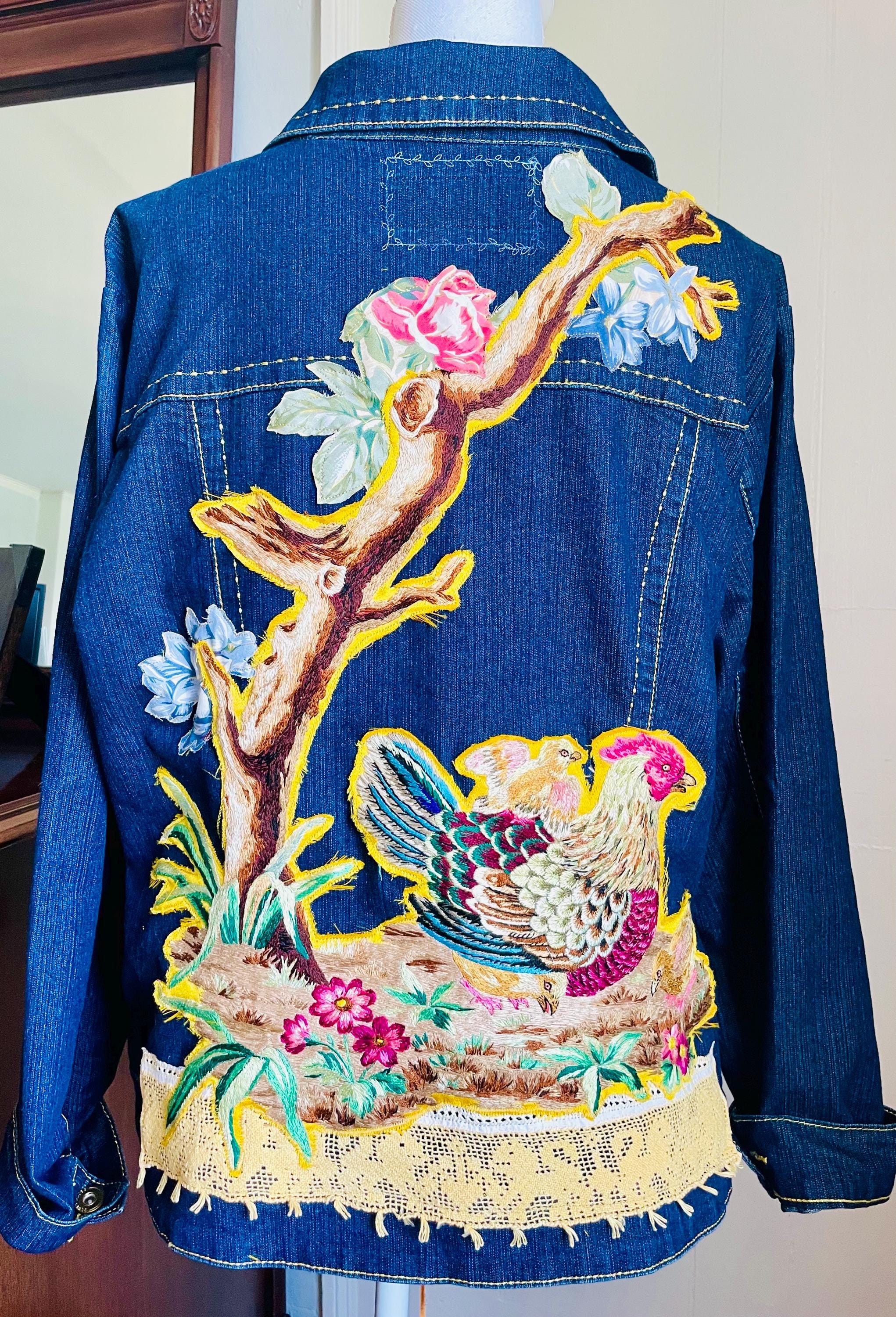 Upcycled Denim Jacket With Embroidered Birds and Flowers - Etsy