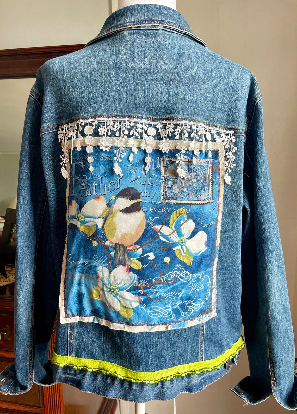 Upcycled Denim Jacket With Bird - Etsy