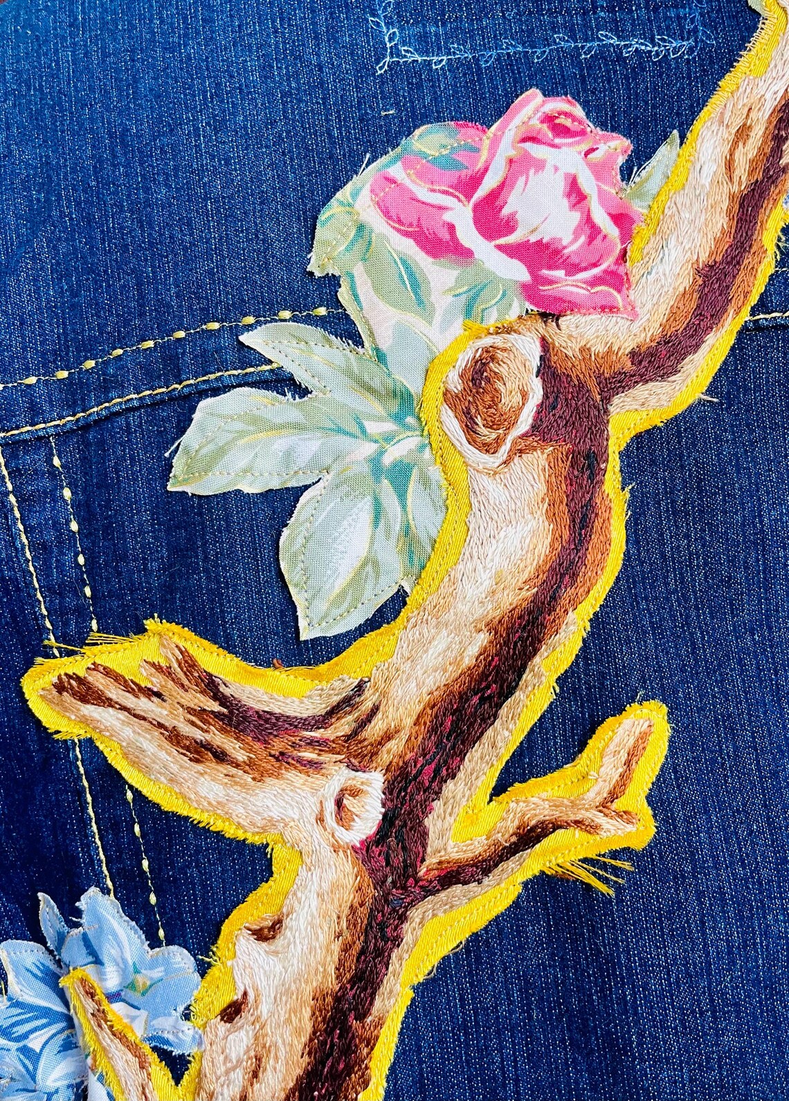 Upcycled Denim Jacket With Embroidered Birds and Flowers - Etsy