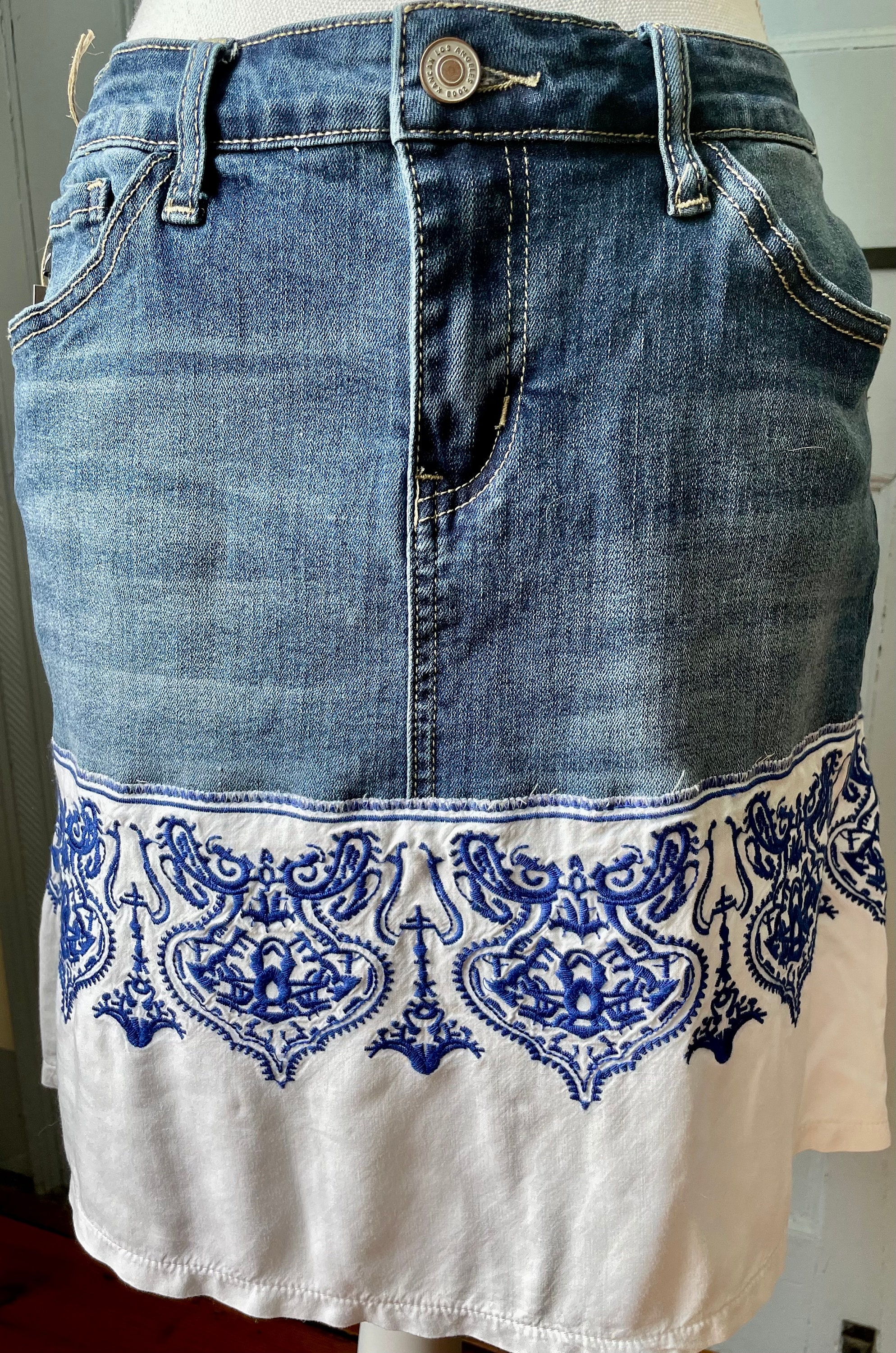 Upcycled Denim Skirt With Embroidered Hem - Etsy