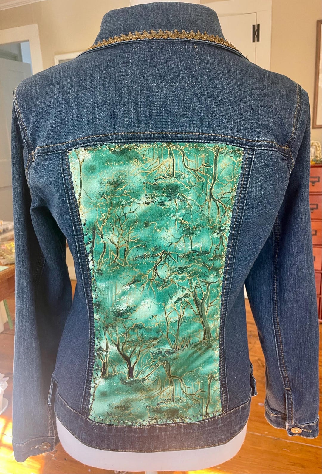 Upcycled Denim Jacket With Trees & Bling - Etsy