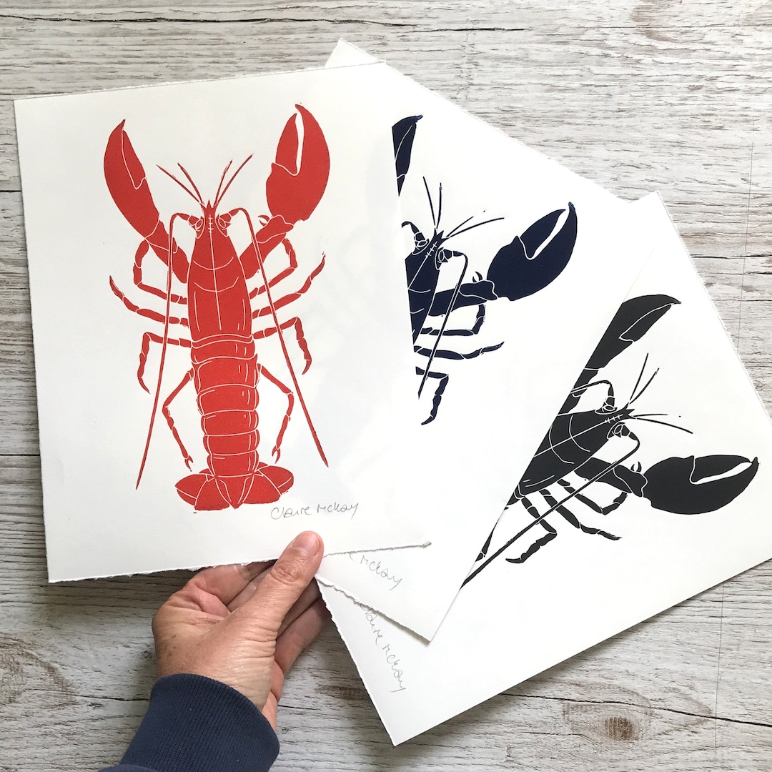 Original Linocut Print of a Lobster Handprinted Home Decor Gift ...