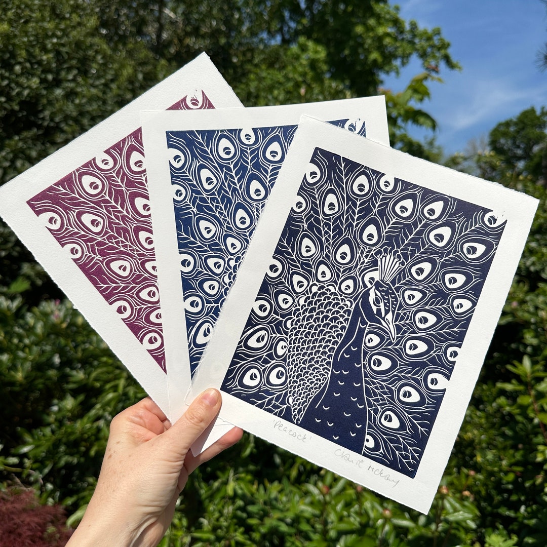 Original Linocut Print: Handprinted A4 Peacock Print, Super Seconds ...