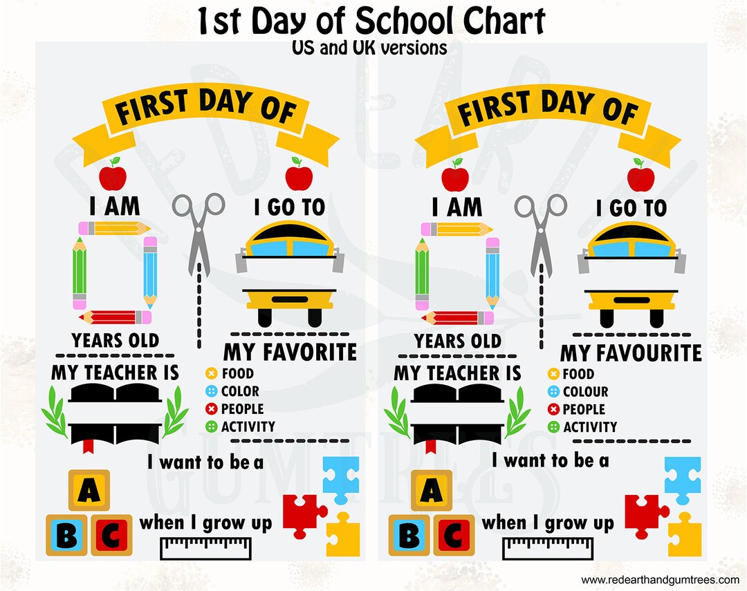 First Day of School Chart Template Us and Uk Versions,1st Day of School ...