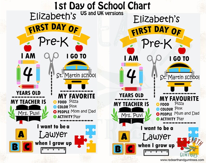 First Day of School Chart Template Us and Uk Versions1st Day - Etsy ...