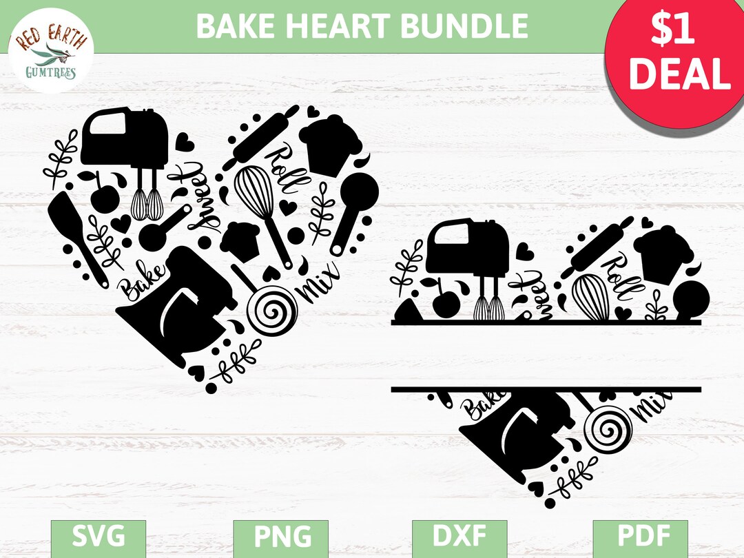Bake Heart Split Monogram Frame, Baking, Rolling Pin SVG, PNG, EPS, Dxf ...