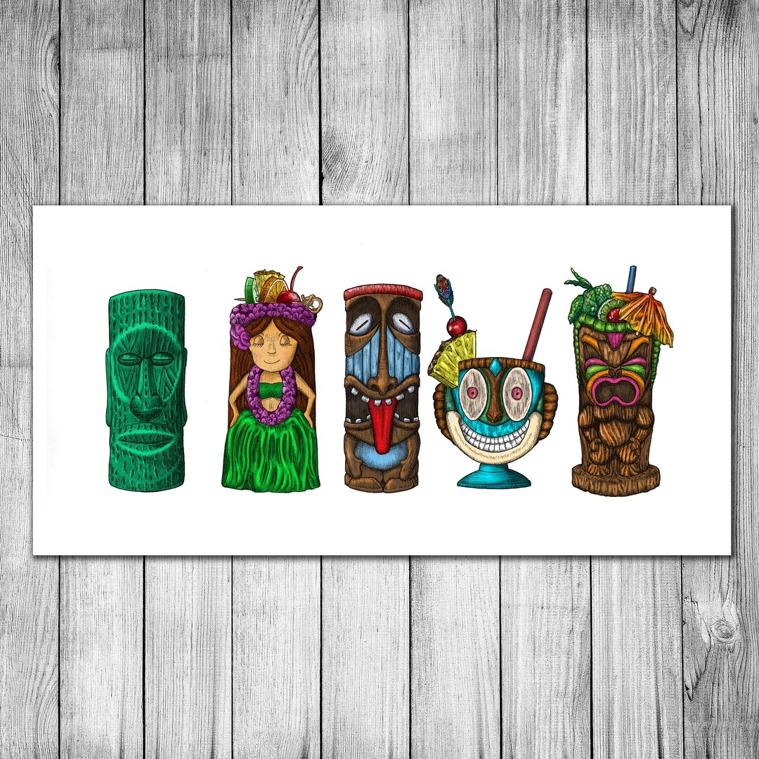 Tiki Mugs - Color- Tropical Drinks Pen and Ink Drawing Art - Etsy
