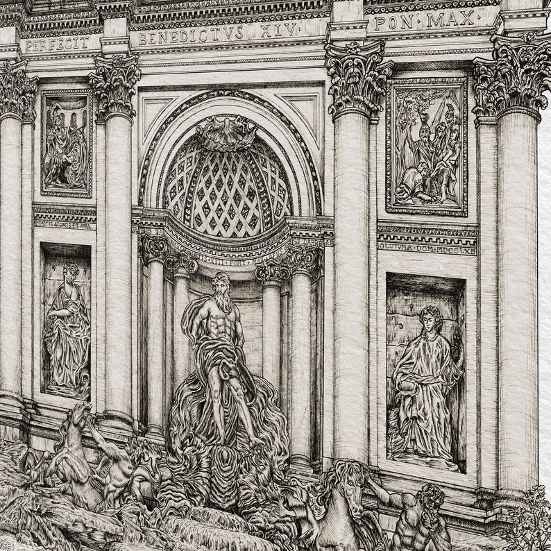Trevi Fountain Art Print: Black and White Pen & Ink Sketch - Etsy
