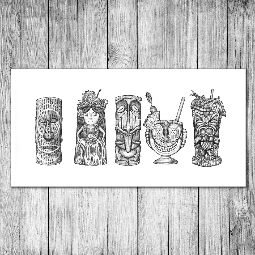 Tiki Mugs - Black and White - Tropical Drinks Pen and Ink Drawing Art ...