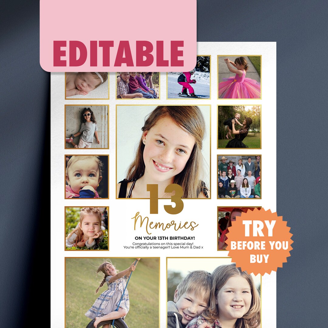 13th Birthday Photo Collage Gift - 13 Memories on Your 13th Birthday ...