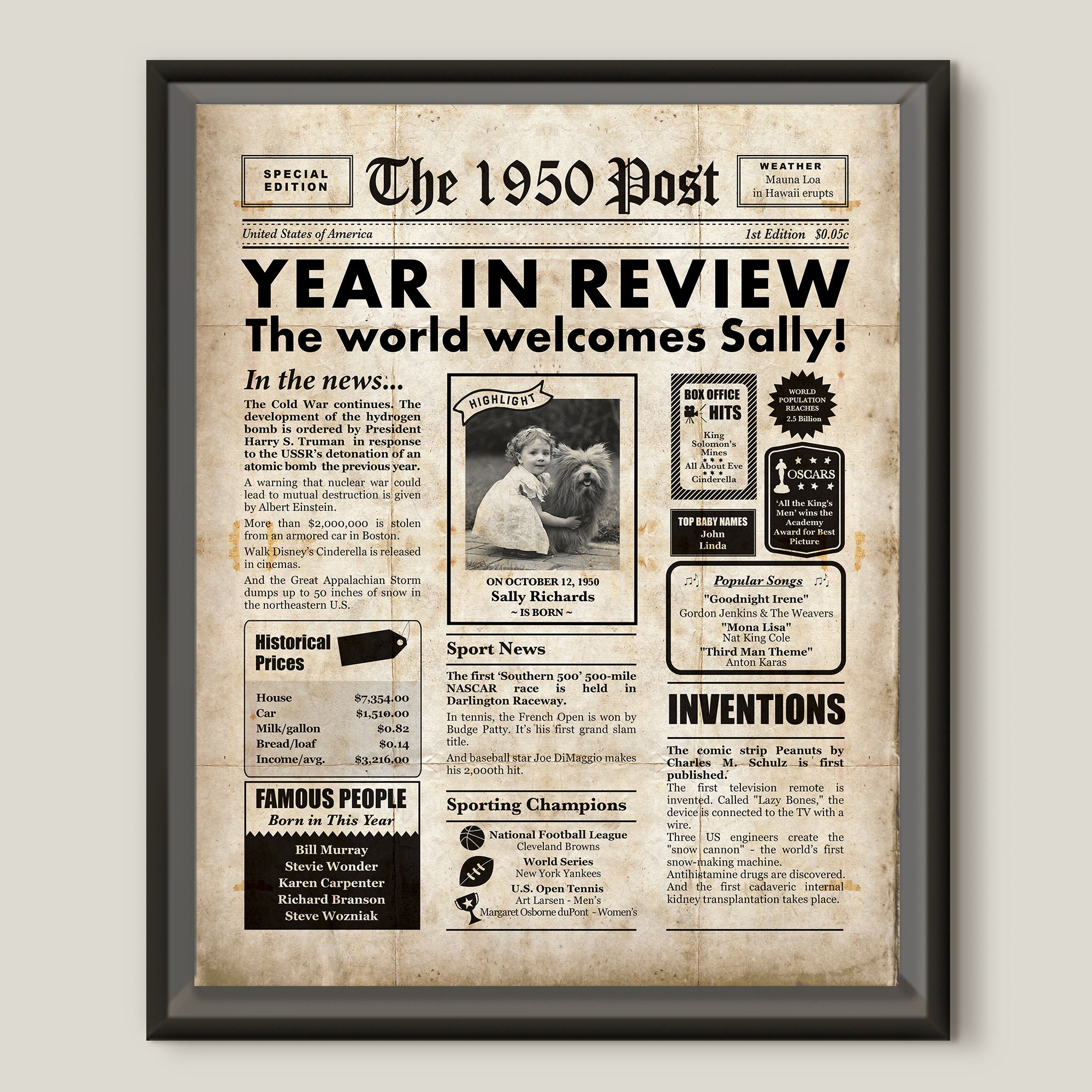 1950 newspaper poster personalized newspaper printable jpg | Etsy