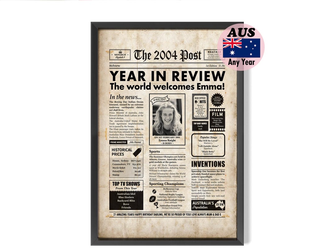 2004 Newspaper 21st Birthday Gift: Personalized Australian News Print ...