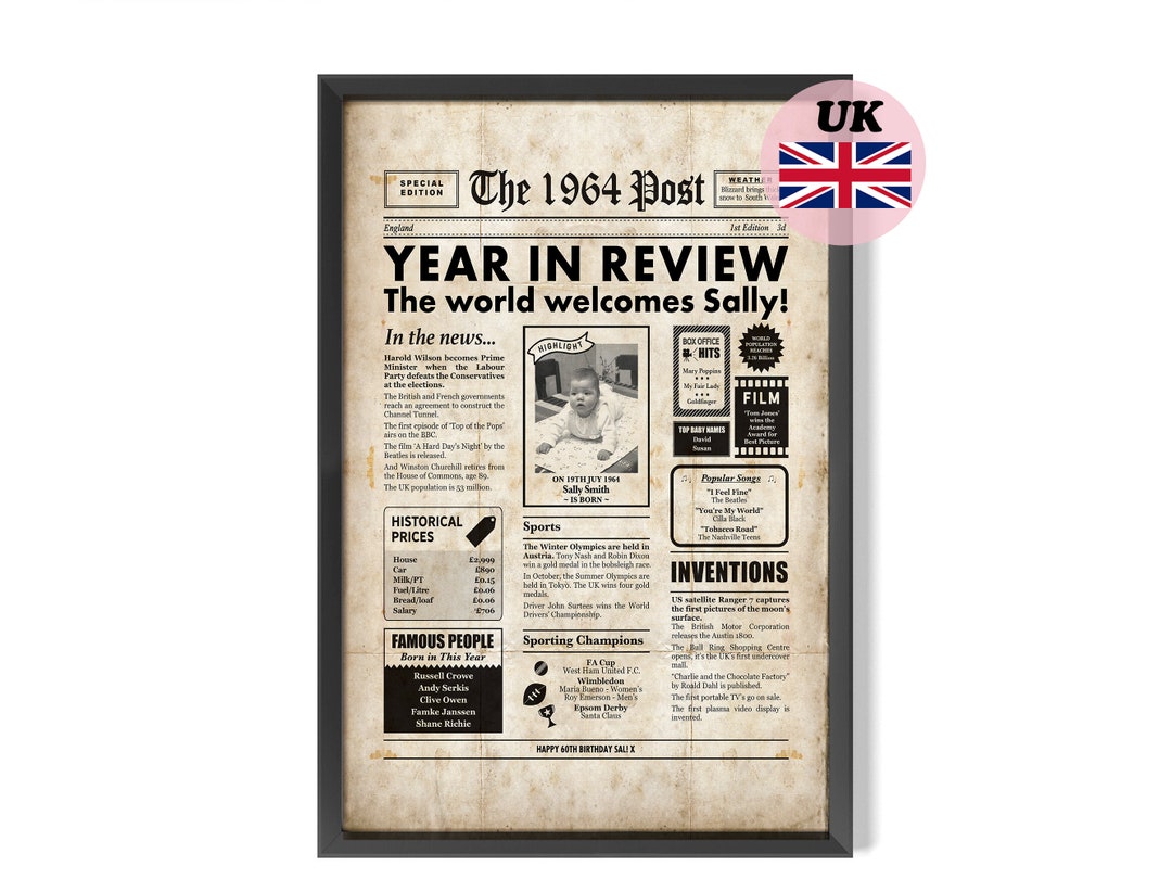 UK 60th Birthday Newspaper Poster, 1964 Year You Were Born Fun Facts ...
