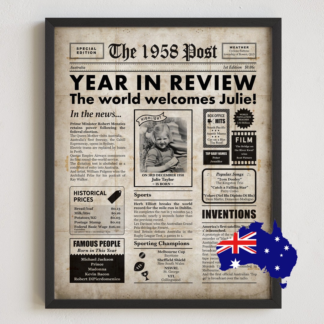 65th Birthday Australian 1958 Digital Newspaper Personalised - Etsy ...