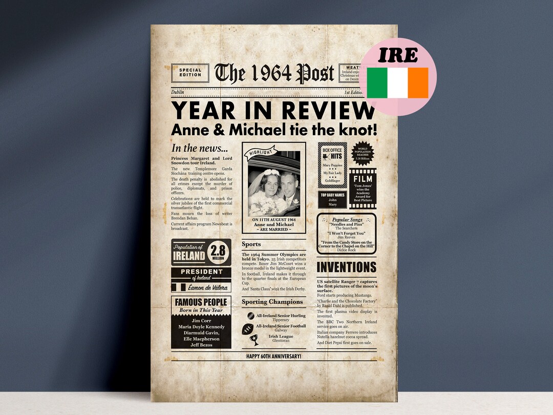 Ireland 1964 Newspaper 60th Anniversary Gift Personalised Digital Irish Poster - Etsy