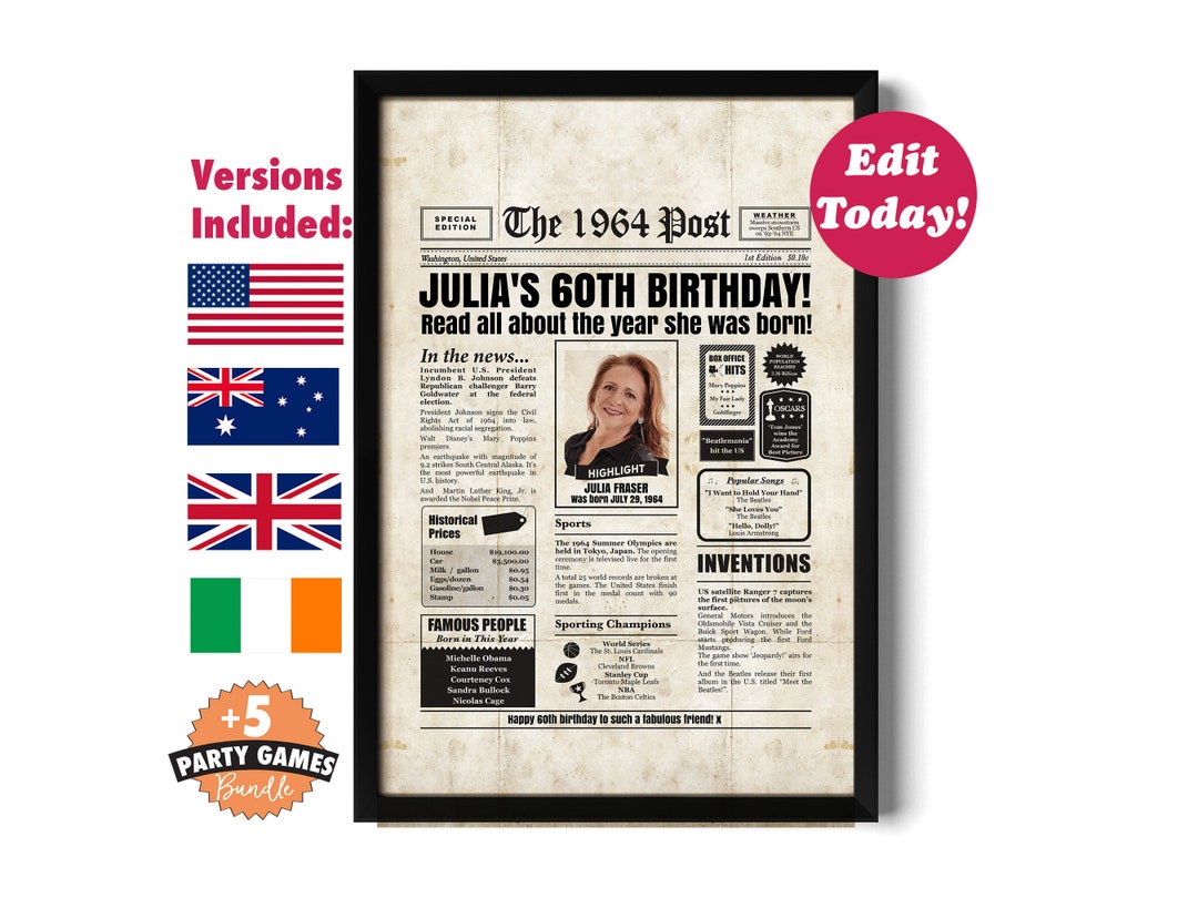 Editable Back in 1964 60th Birthday Poster Includes US, Australian, UK ...