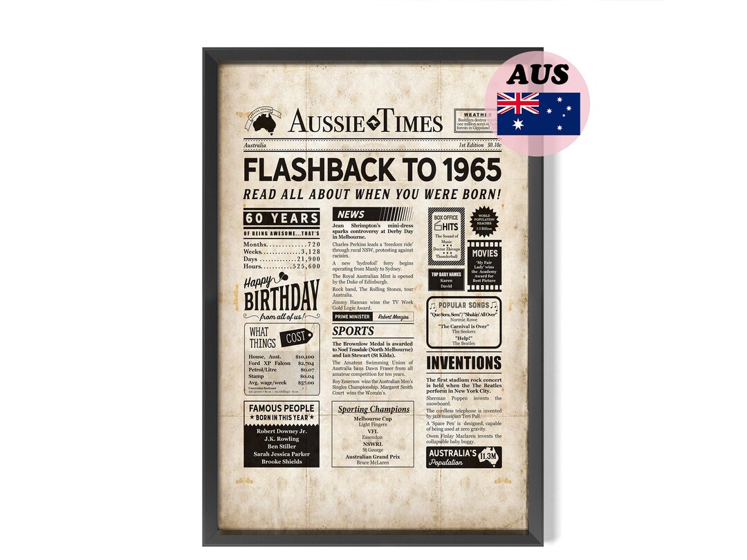 AUSTRALIAN 1965 60th Birthday Poster, 60 Years Ago Back in 1965 ...